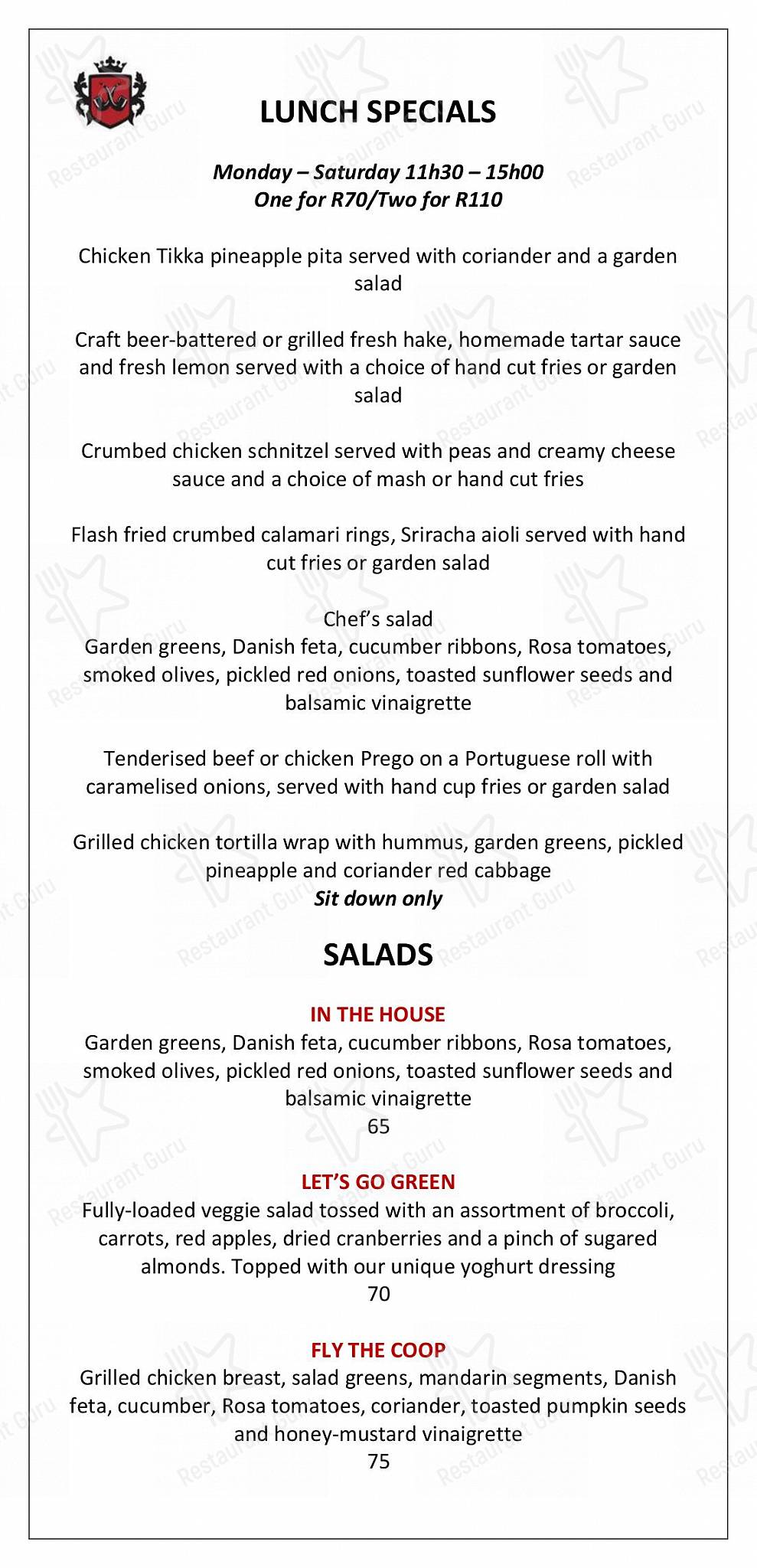 Menu at Van Hunks pub & bar, Cape Town