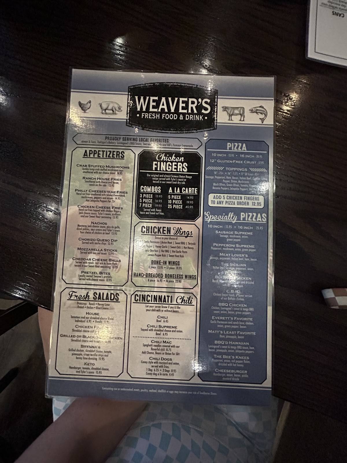 Menu at Weaver's Fresh Food and Drink pub & bar, Peoria