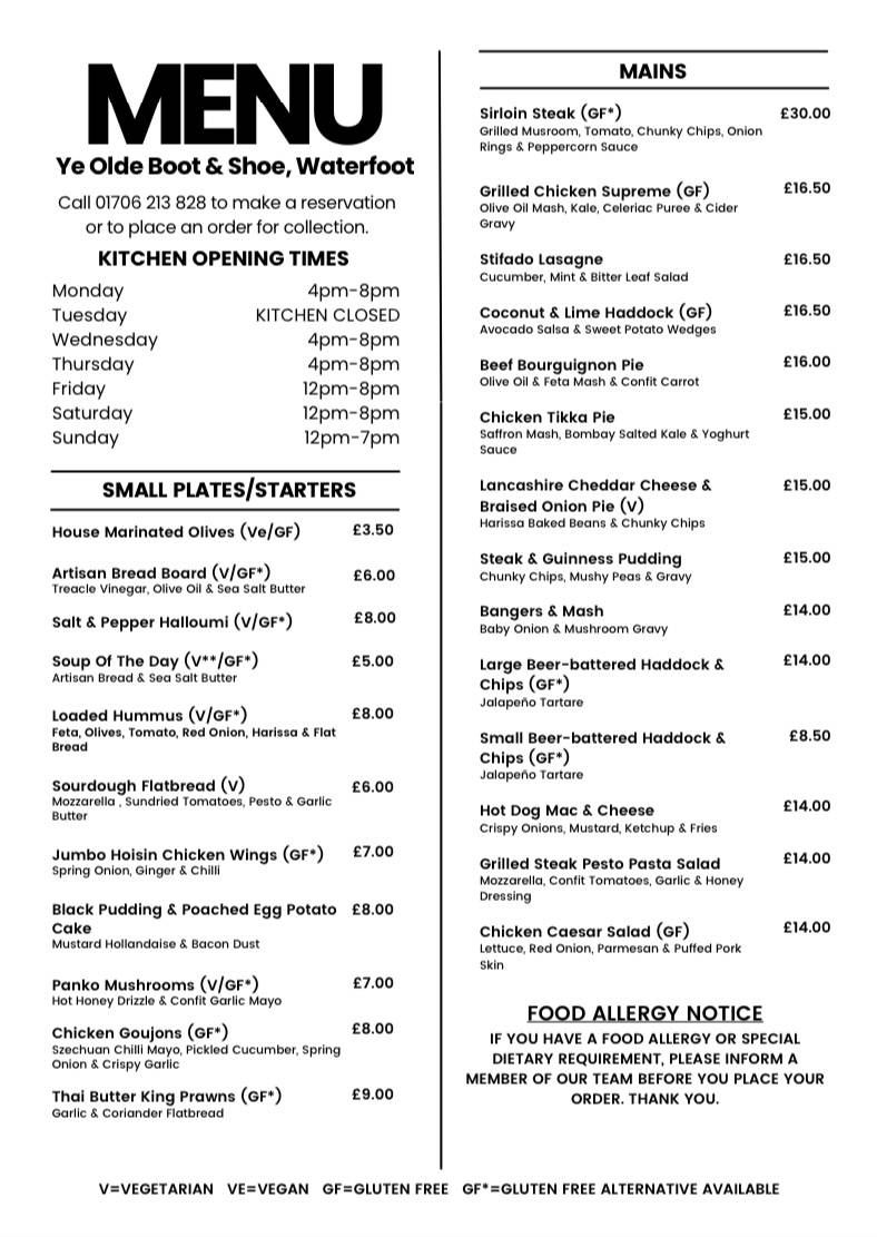 Menu at Ye Olde Boot & Shoe pub & bar, Waterfoot