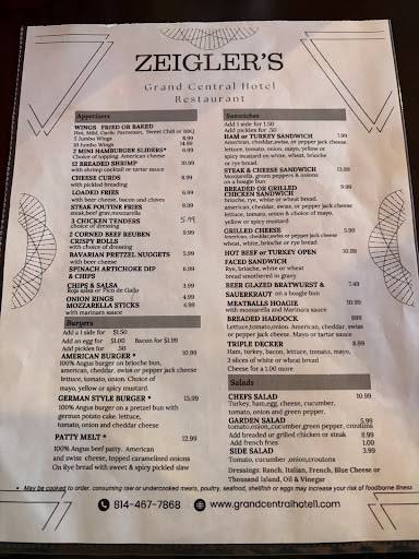 Menu at Zeigler's Grand Central Hotel, Inc. pub & bar, Windber