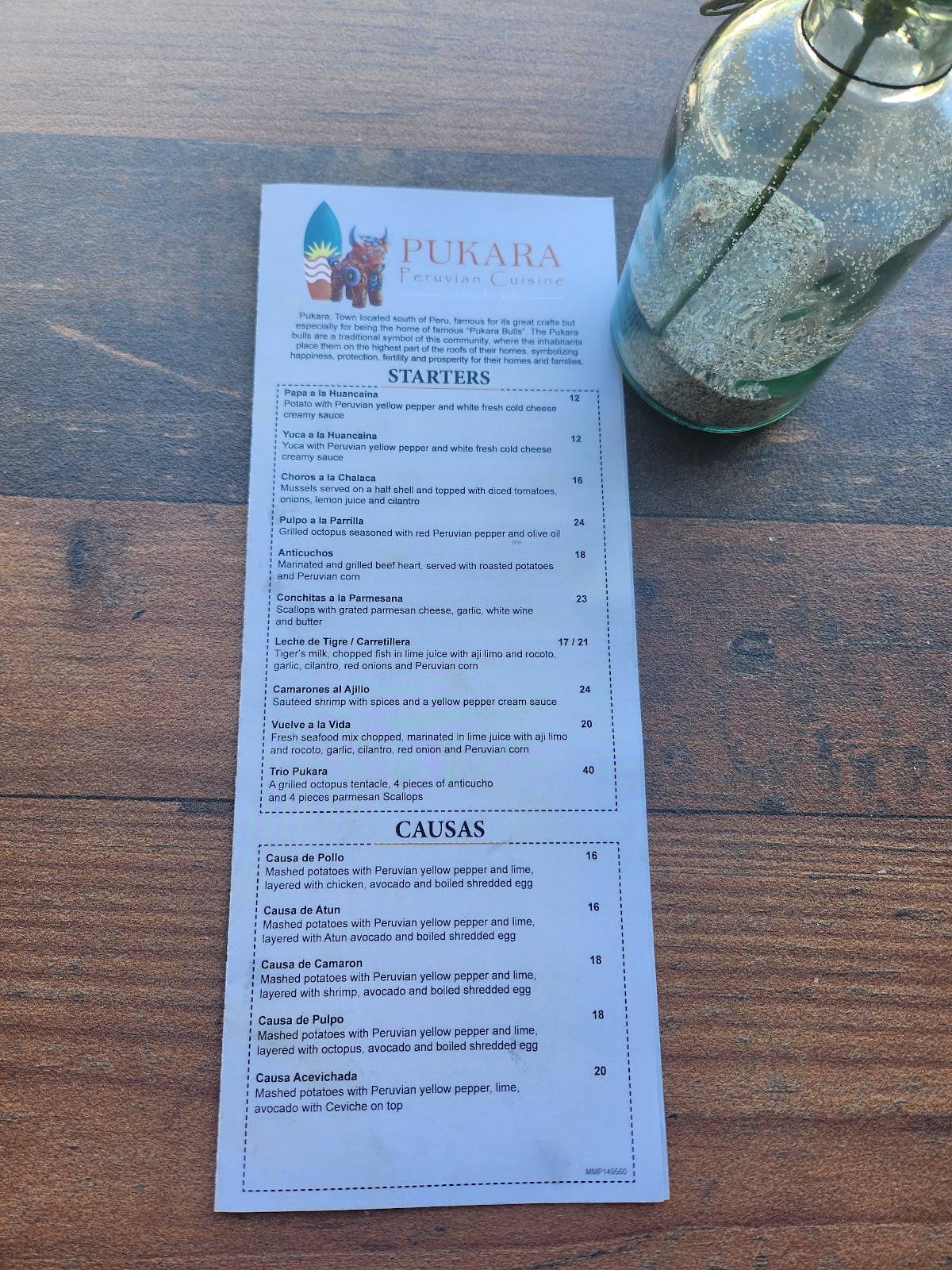 Menu at Pukara Peruvian Cuisine on the beach restaurant, Deerfield Beach