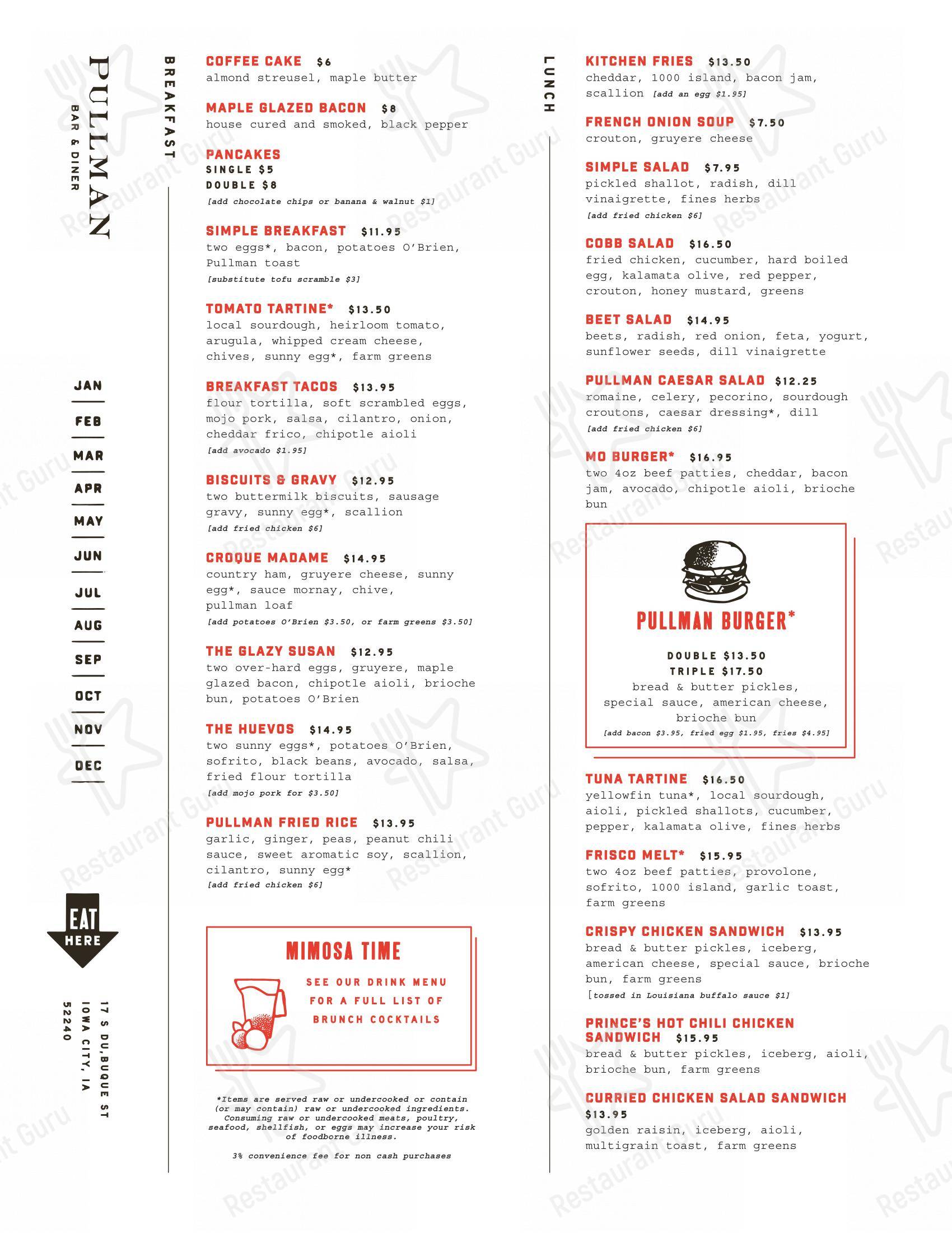 Carta de Pullman Bar & Diner, Iowa City