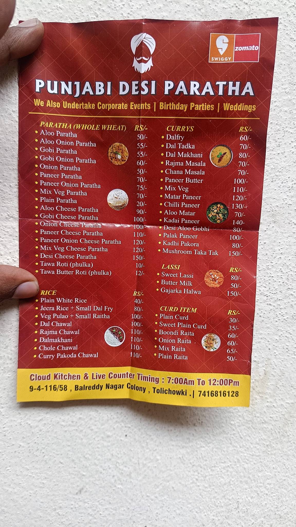 Menu at Punjabi Desi Paratha, Hyderabad