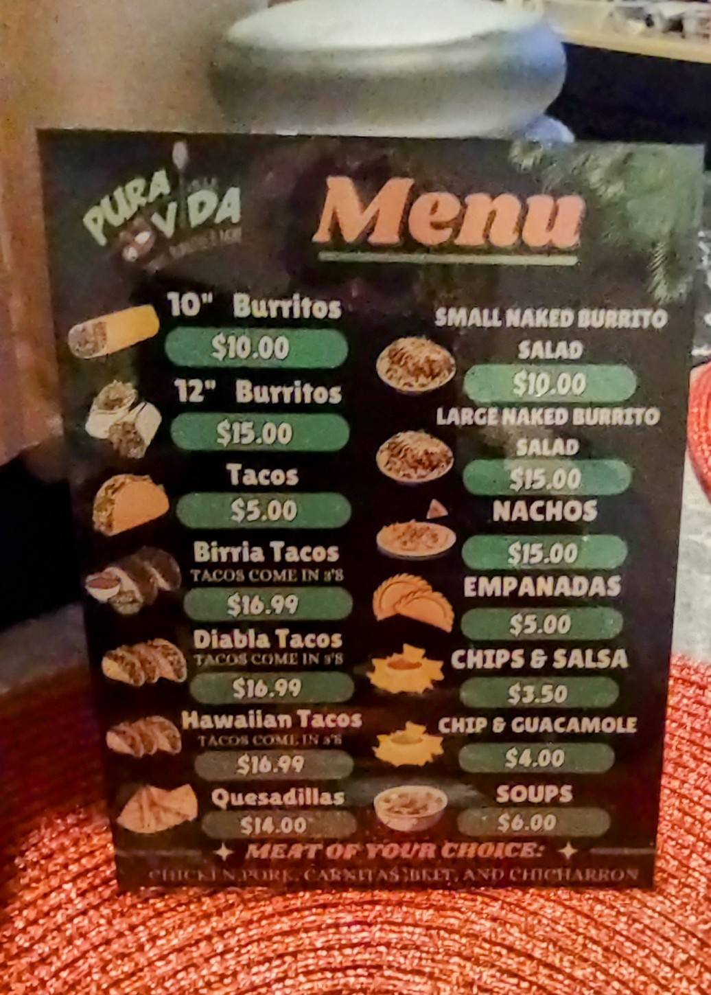 Menu at Pura Vida Ville restaurant, Rochester, 2115 Buffalo Rd