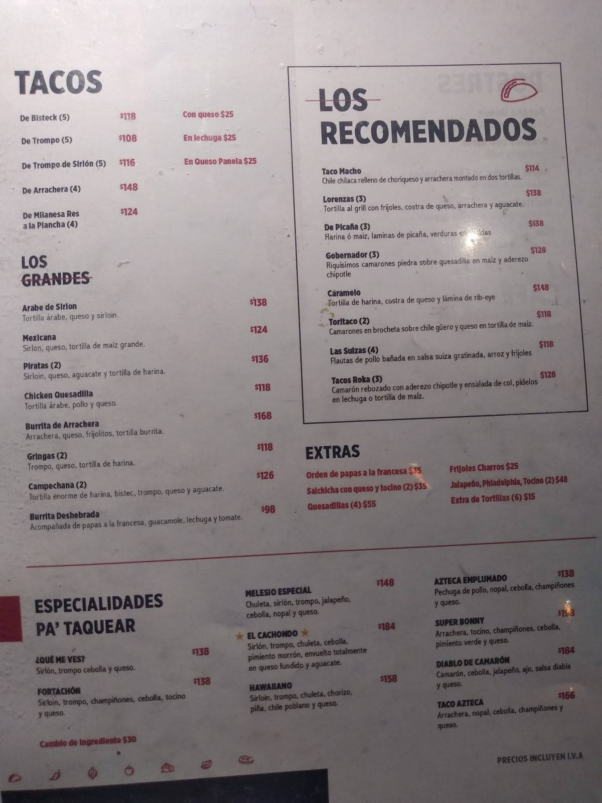 Menu at Puro Taco restaurant, Monclova