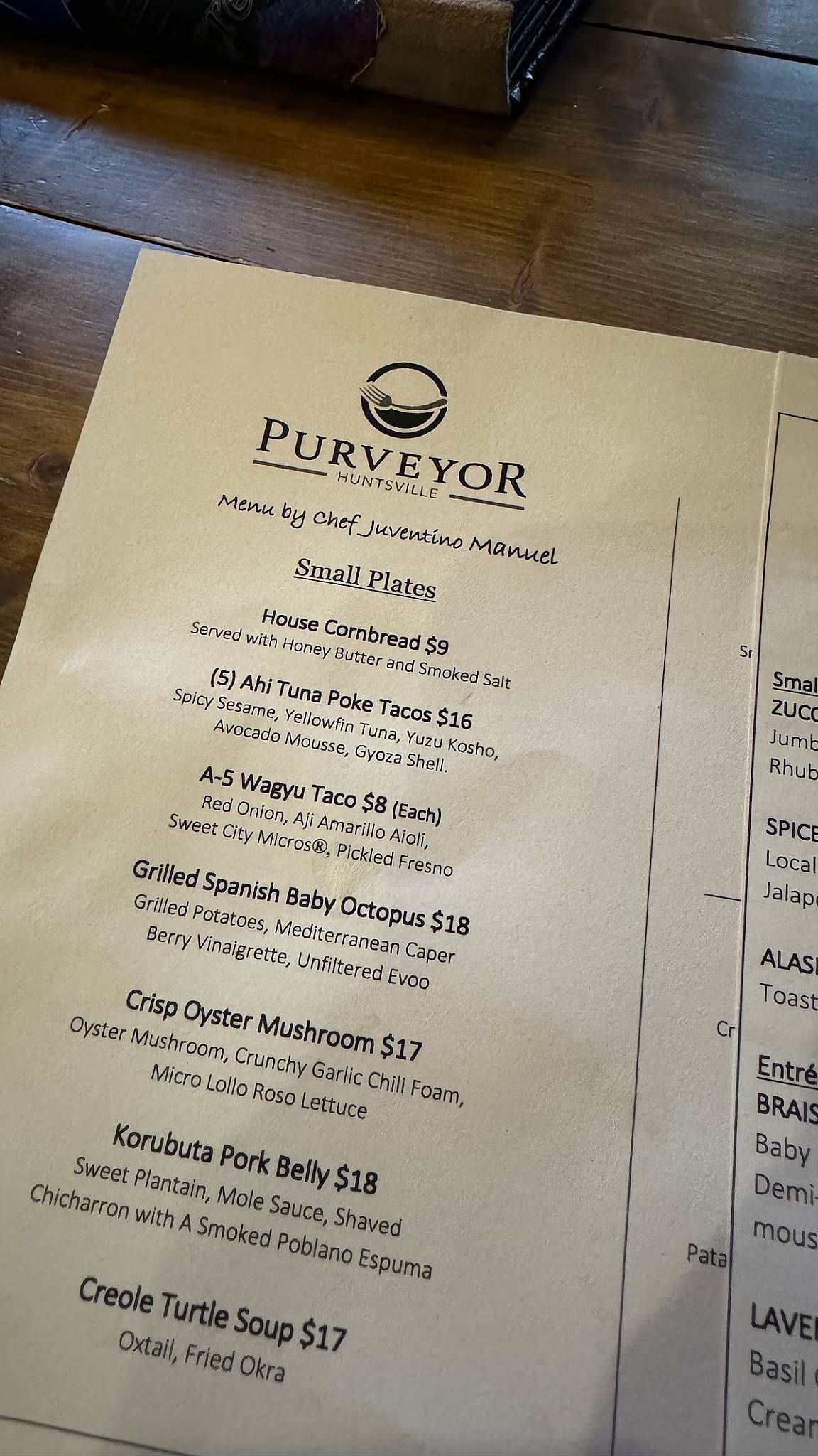 Menu at Purveyor pub & bar, Huntsville