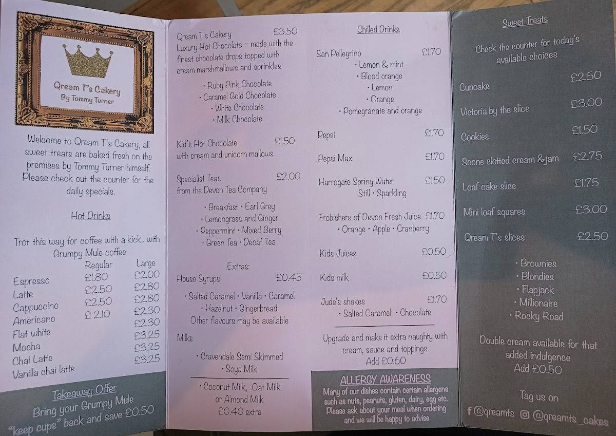 Menu at Qream T's Cakery by Turner and Co cafe, Mirfield