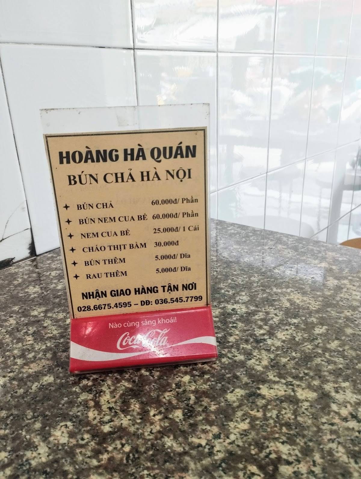 Menu at Quán Bún Chả Hoàng Hà restaurant, Ho Chi Minh City