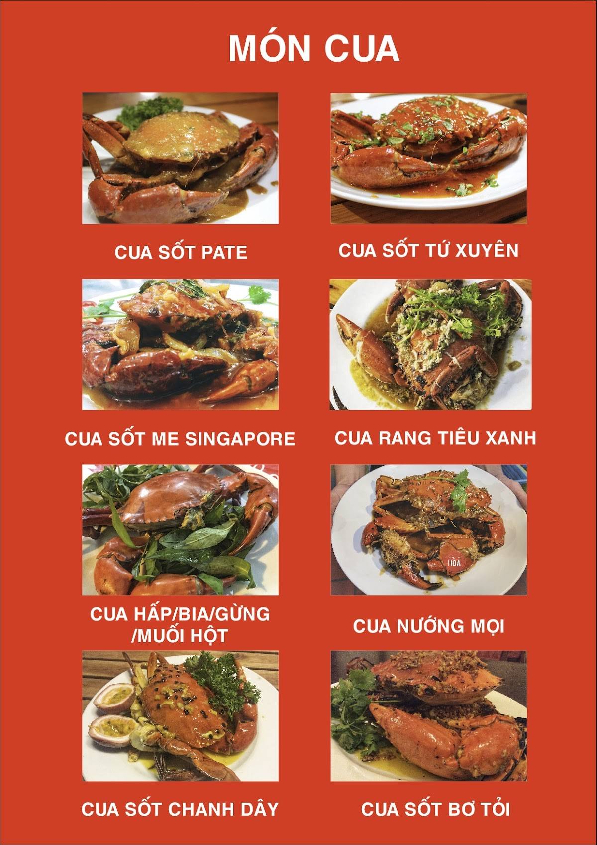 Menu at Quán Cua Hoa restaurant, Ho Chi Minh City