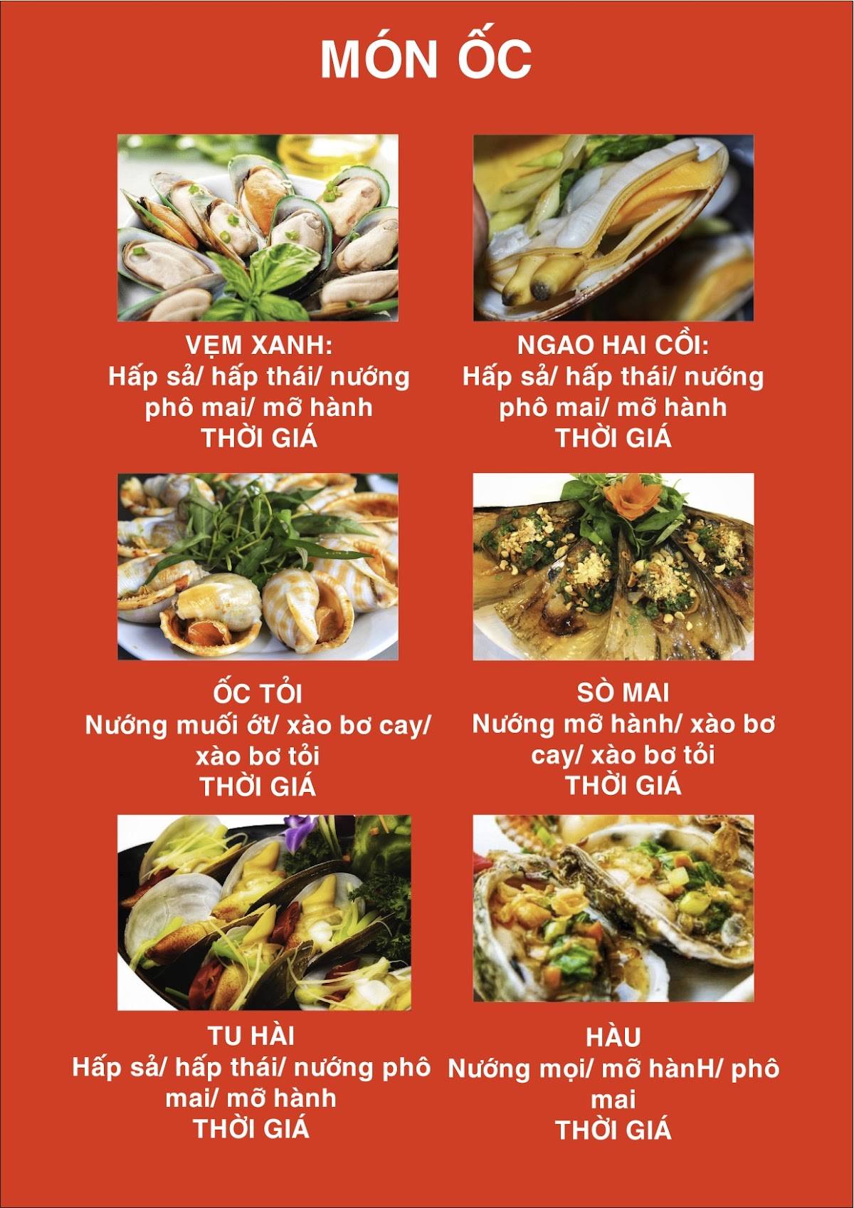 Menu at Quán Cua Hoa restaurant, Ho Chi Minh City
