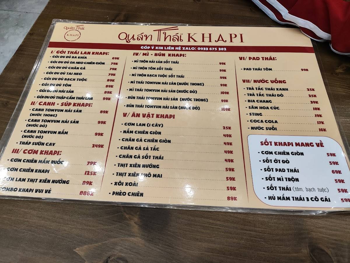 Menu at Quán Thái Khapi - 394 Lê Văn Lương restaurant, Ho Chi Minh City