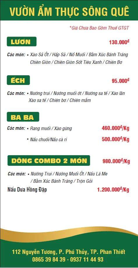 Menu at Quán nhậu Sân Vườn Sông Quê restaurant, Phan Thiet