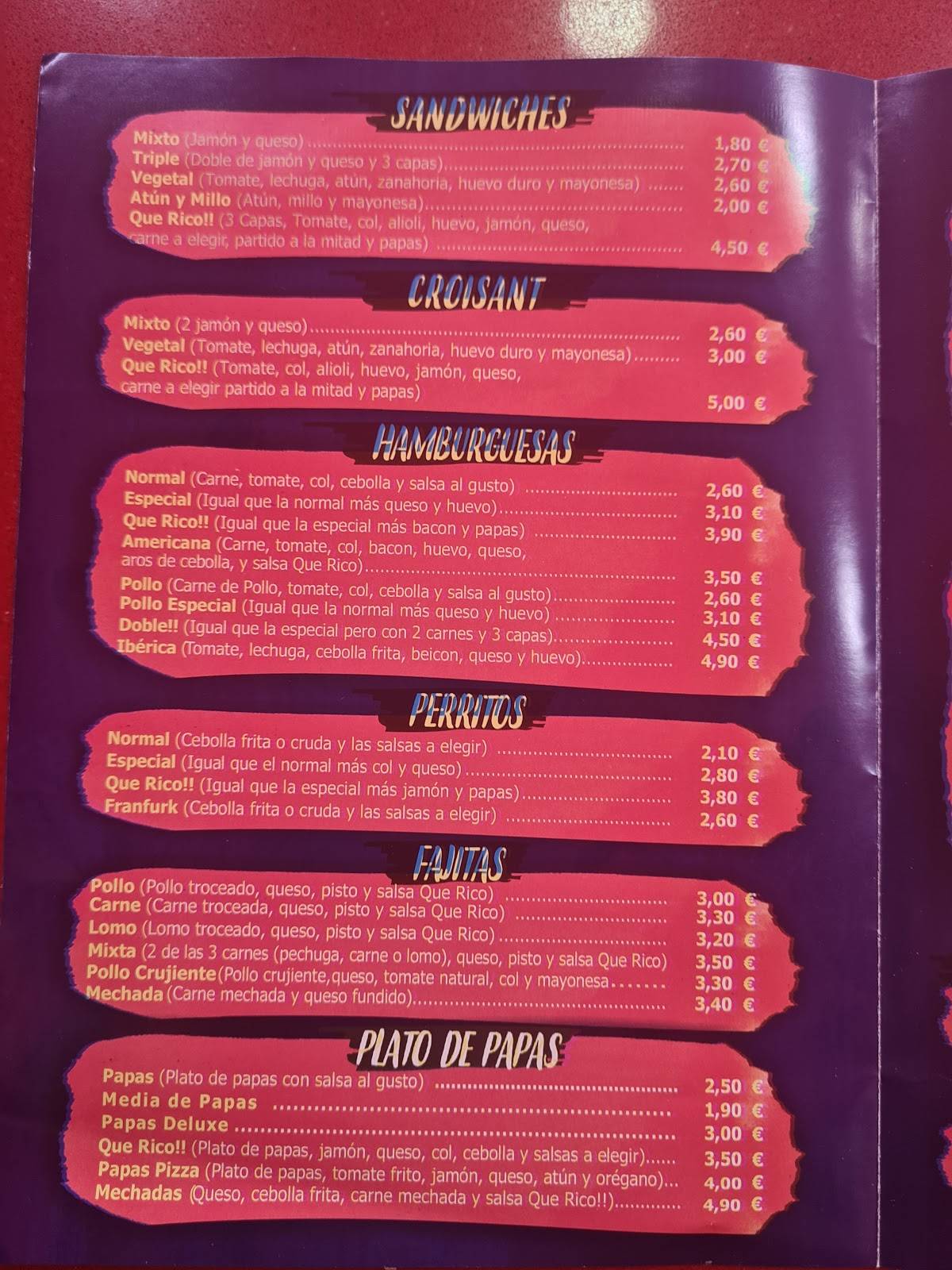 Carta del café Que Rico Mesa Y Lopez, Las Palmas del Gran Canaria