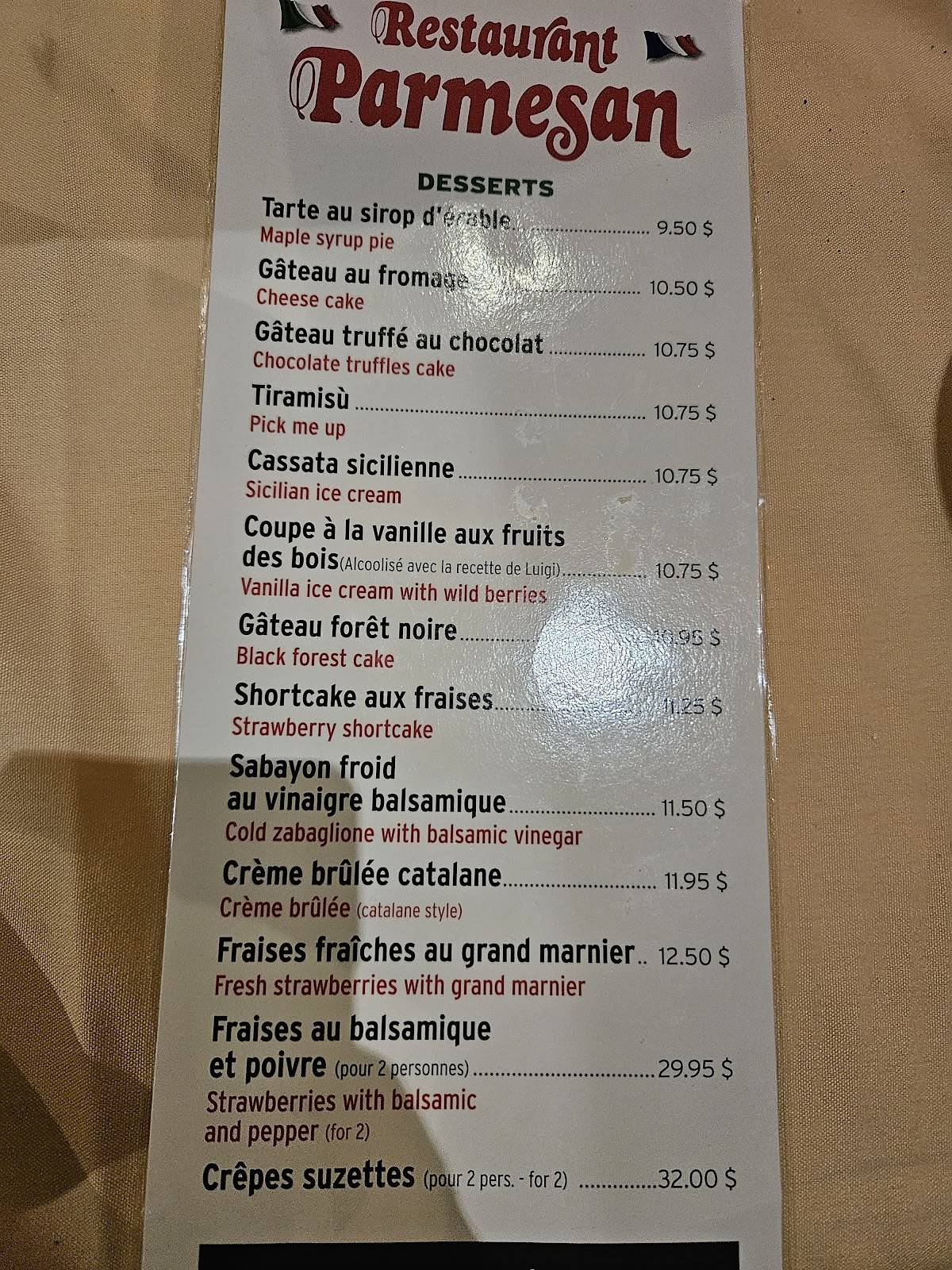 Menu au Restaurant Parmesan, Québec