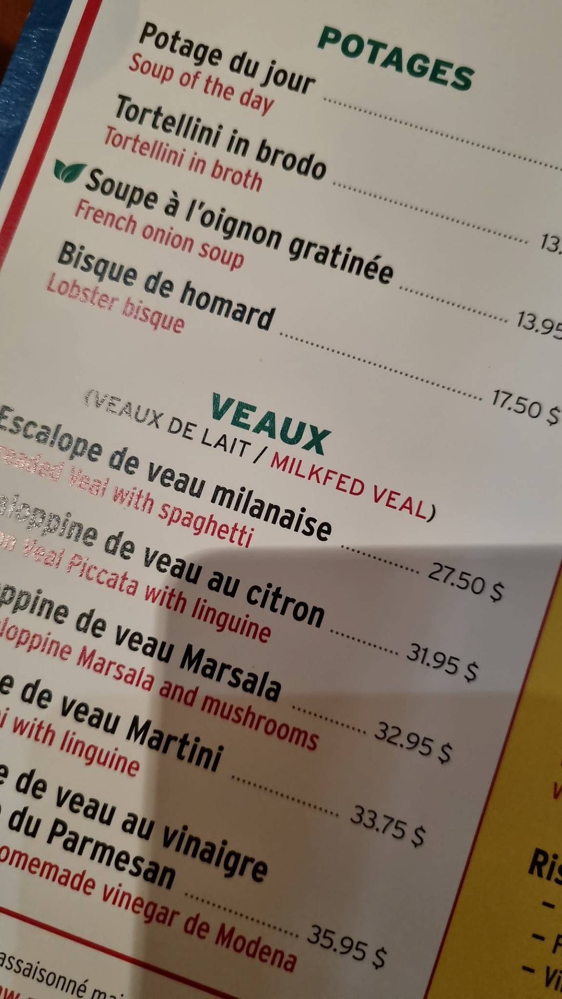 Menu au Restaurant Parmesan, Québec