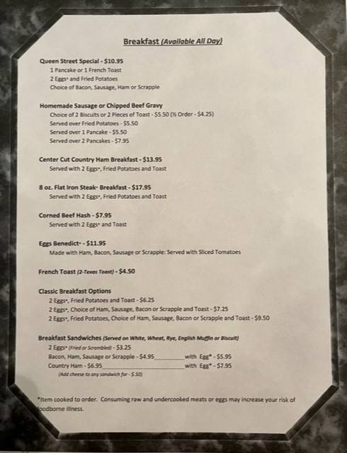 Menu at Queen Street Diner fast food, Strasburg