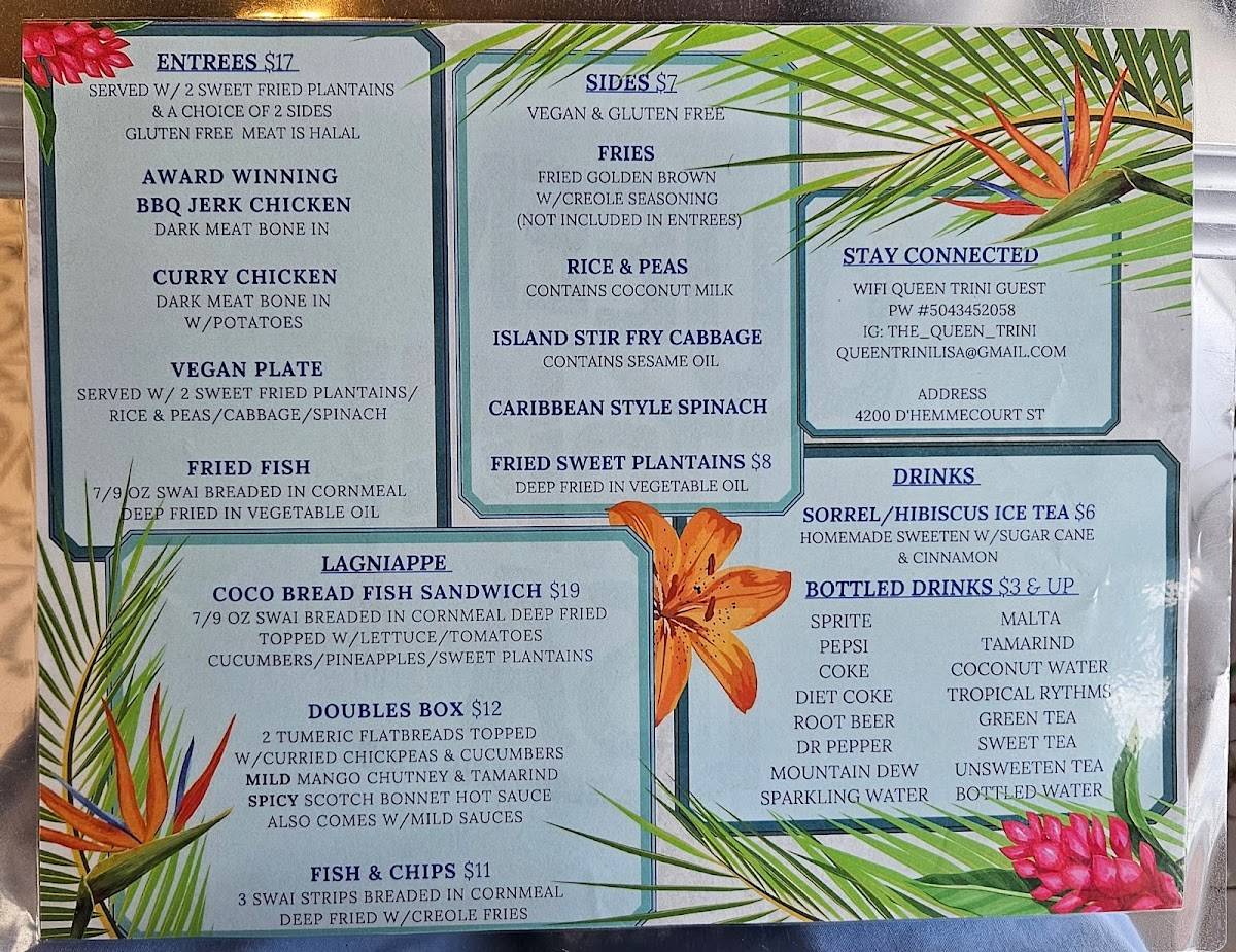 Carta del restaurante Queen Trini Lisa, Nueva Orleans, D'Hemecourt St