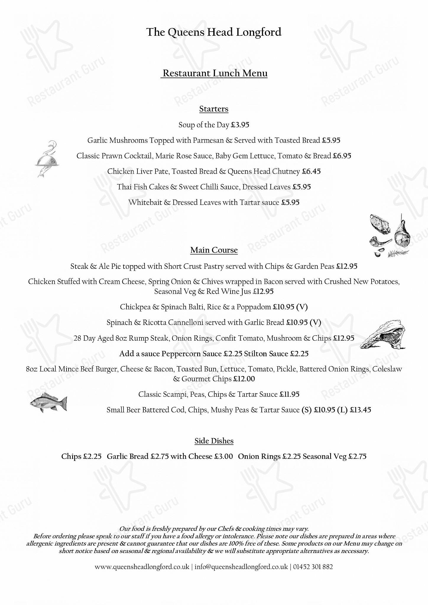 Menu at Queens Head Longford pub & bar, Gloucester, Queens Head Inn