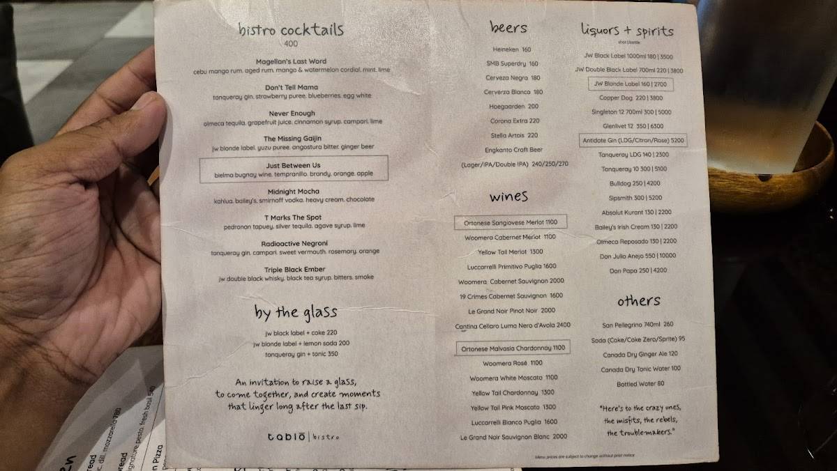 Menu at Tablo Bistro restaurant, Quezon City