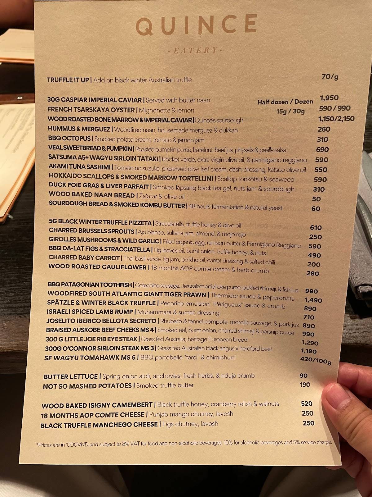 Carta del restaurante Quince Saigon, Ciudad Ho Chi Minh (Saigón)