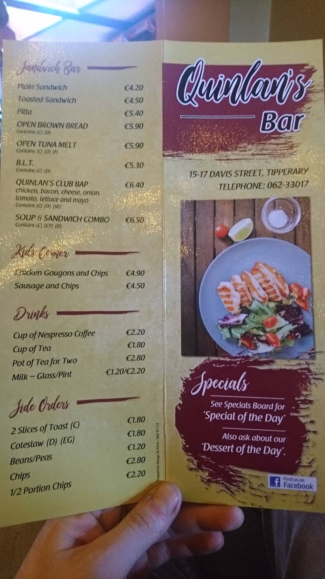 Menu at Quinlans Lounge pub & bar, Tipperary
