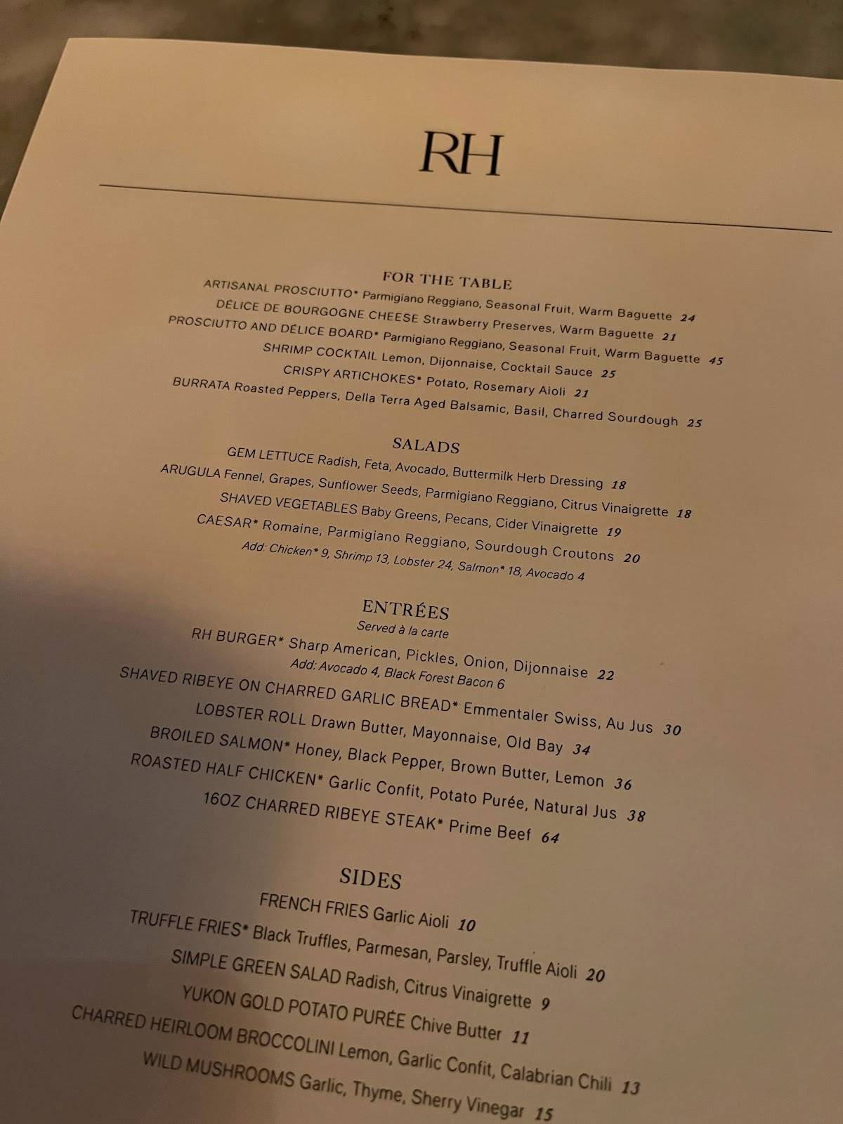 Menu at RH Rooftop Restaurant Marin, Corte Madera