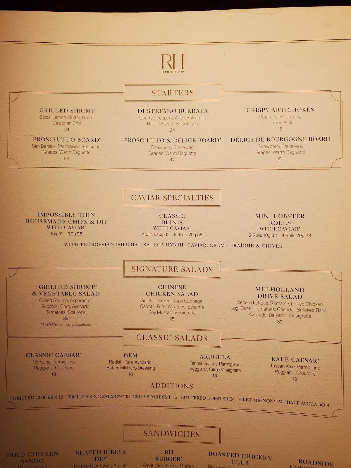 Menu at RH Rooftop Restaurant at RH Oak Brook, Oak Brook