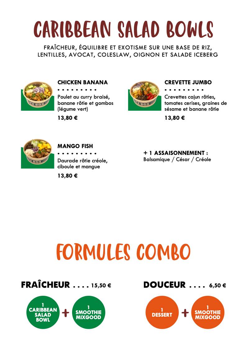 Menu at RICE BOX caribbean soul food restaurant, Paris