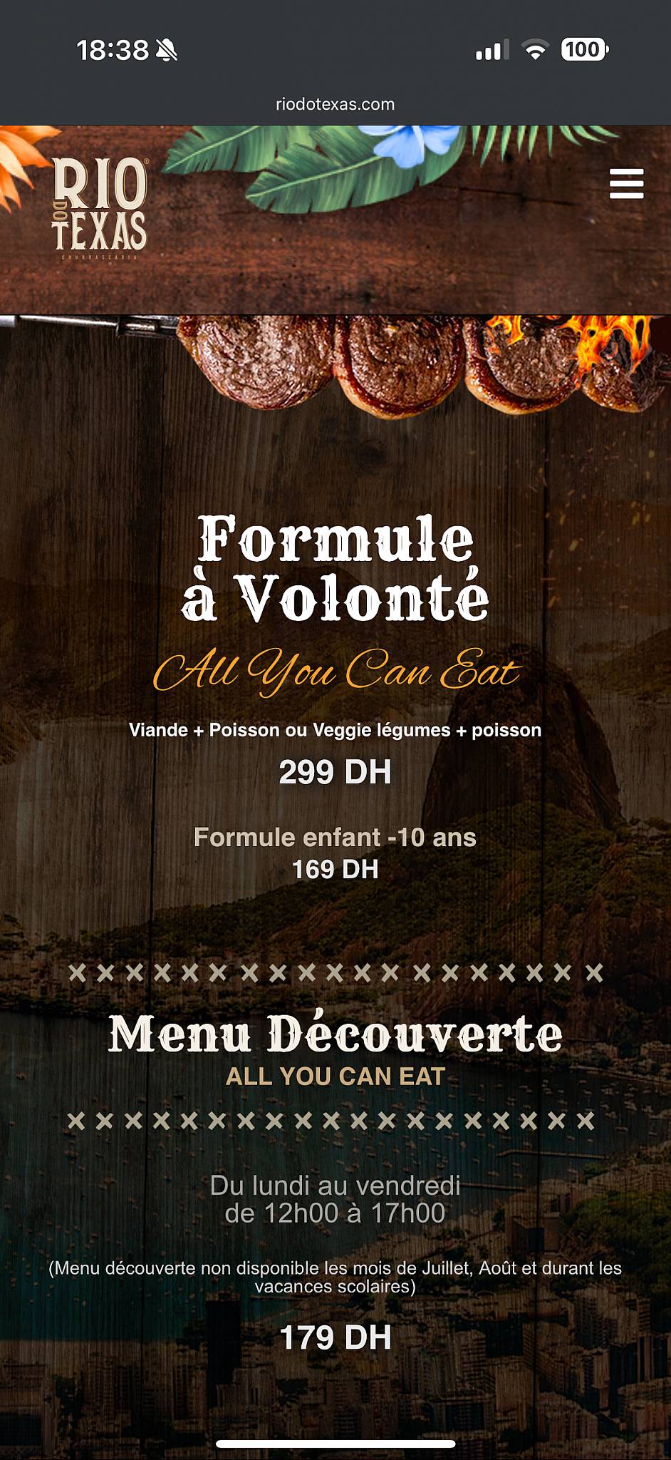 Menu au RIO DO TEXAS restaurant, Tanger