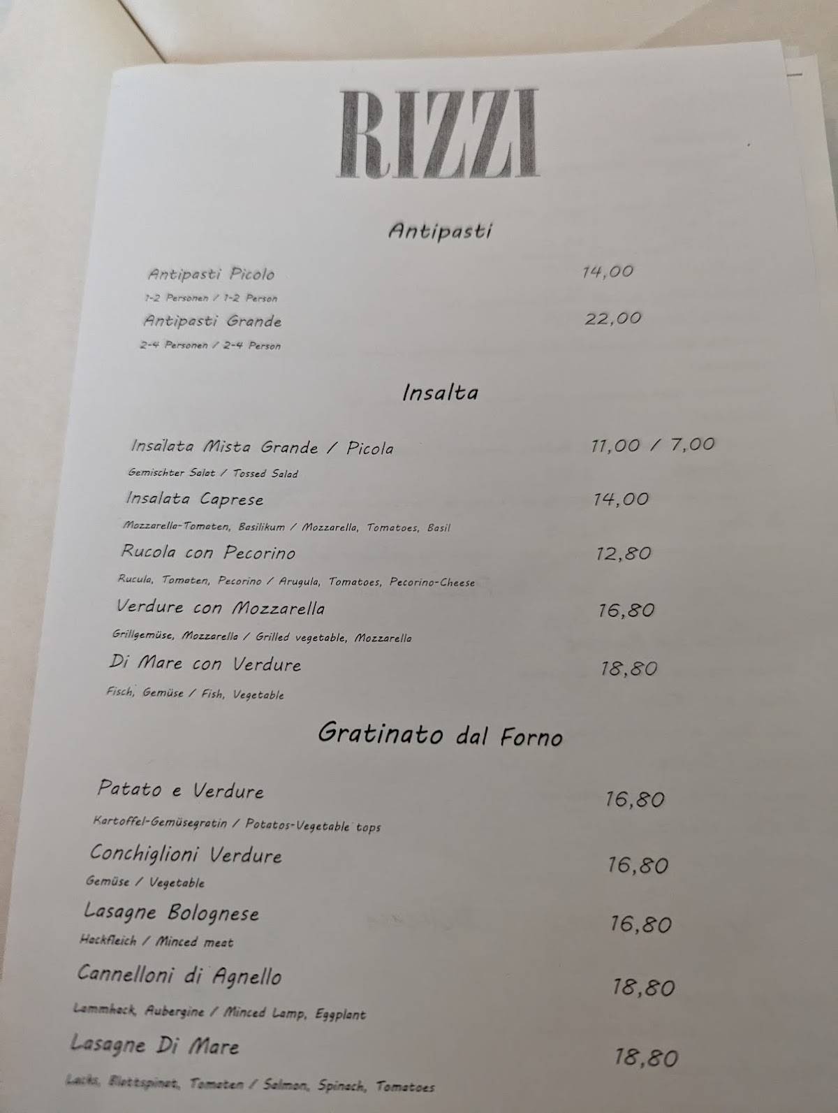 Speisekarte von RIZZI cucina e bar, Kaiserslautern