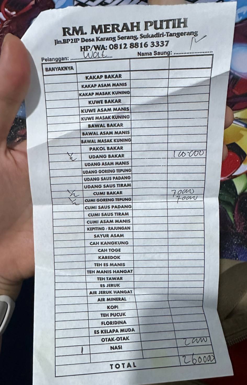 Carta del restaurante RM. Merah Putih, Karang Serang, XHC6+RPG