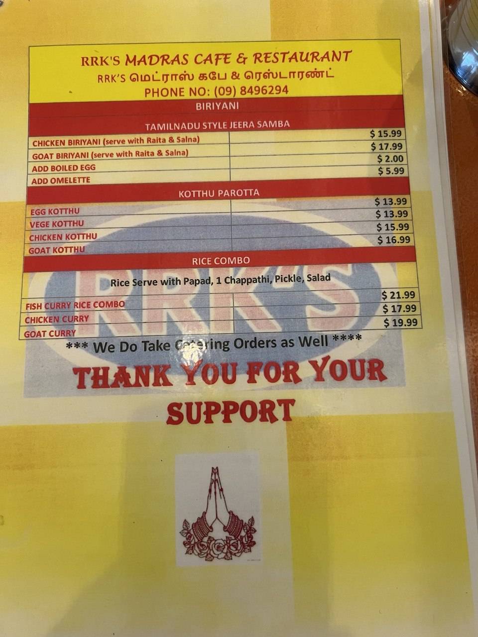 Menu at RRK'S Madras cafe, Auckland