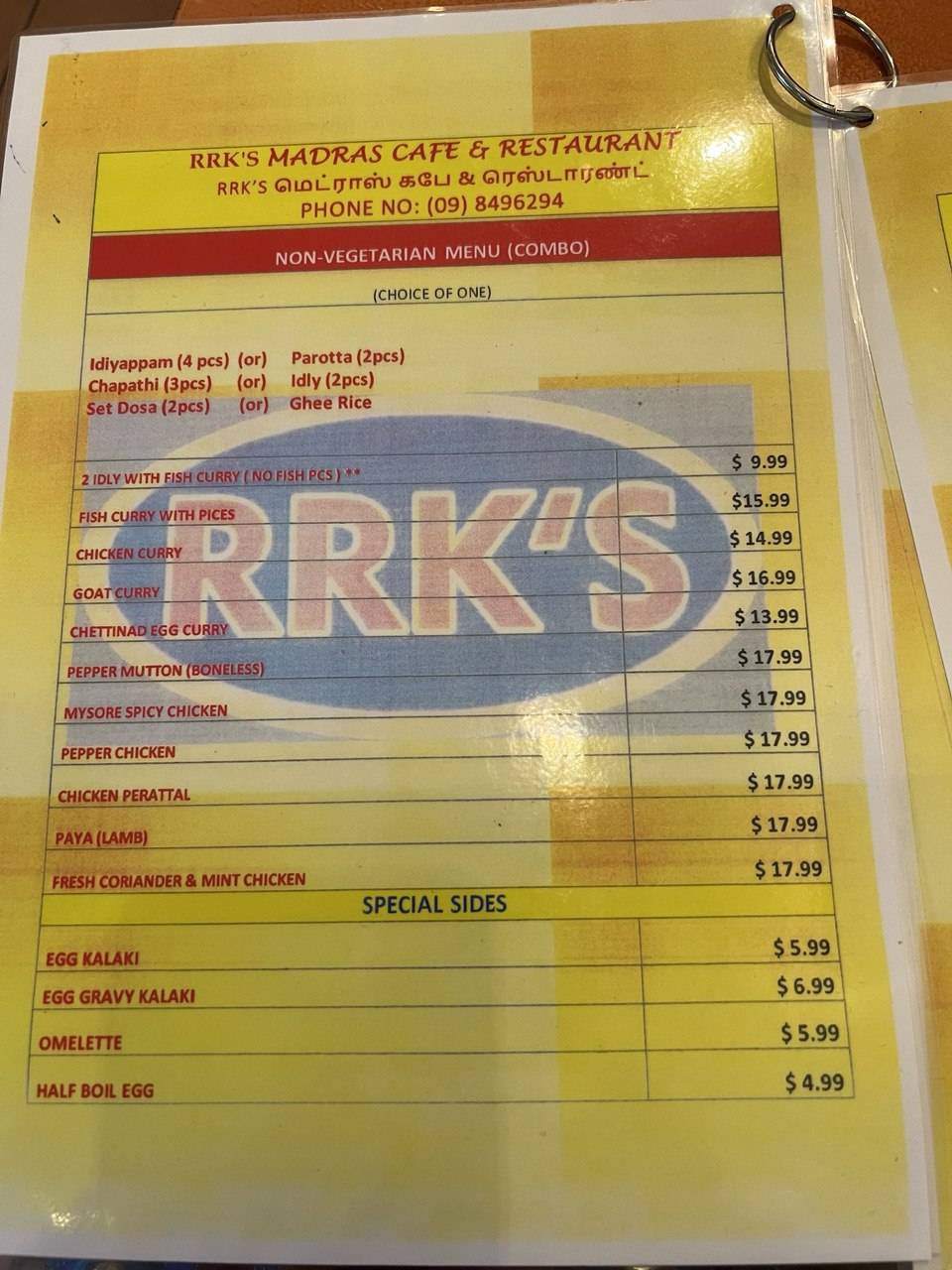Menu at RRK'S Madras cafe, Auckland