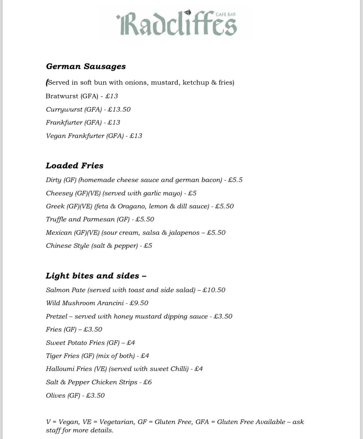 Menu at Radcliffes Cafe Bar, Warkworth