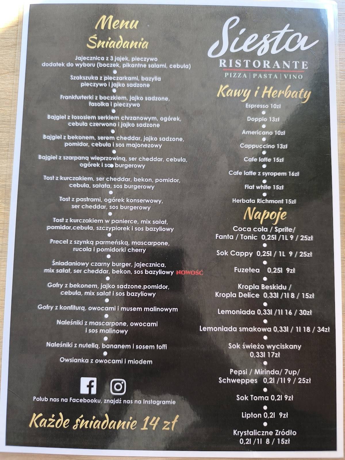 Menu at Siesta ristorante pizza pasta vino restaurant, Radom