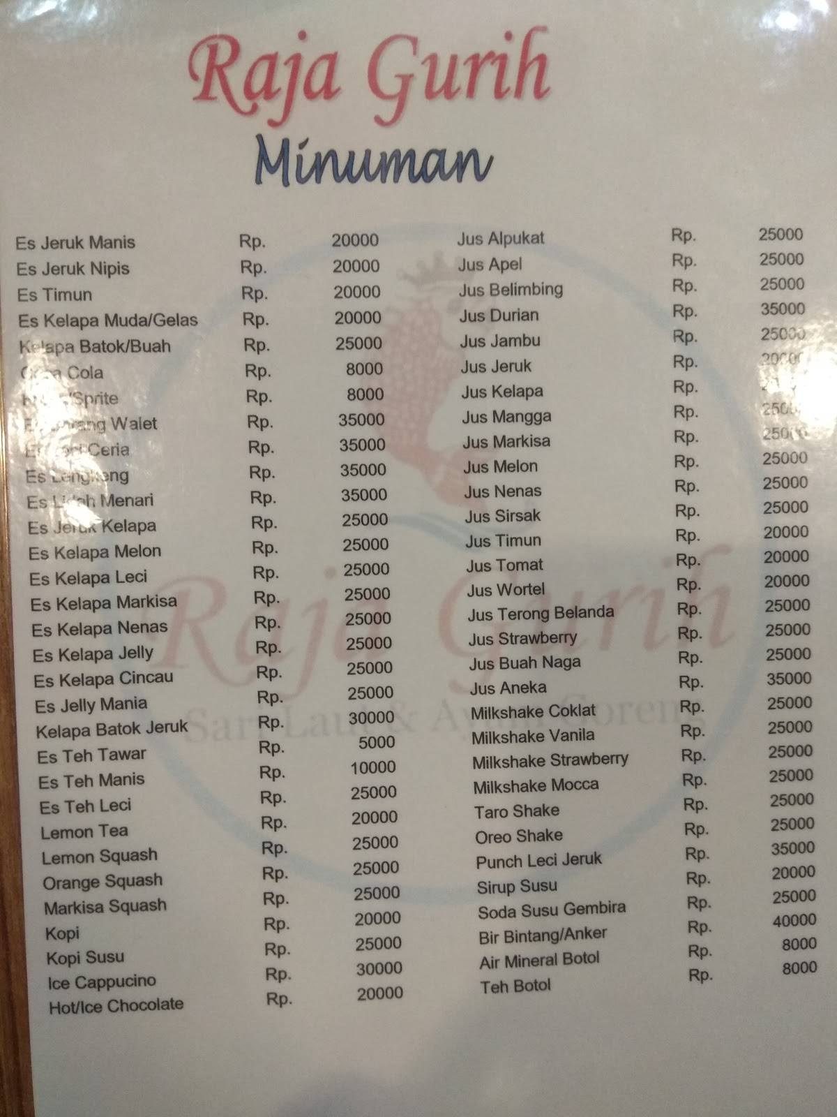 Menu at Raja Gurih restaurant, Makassar, Jl. Pengayoman No.18-19