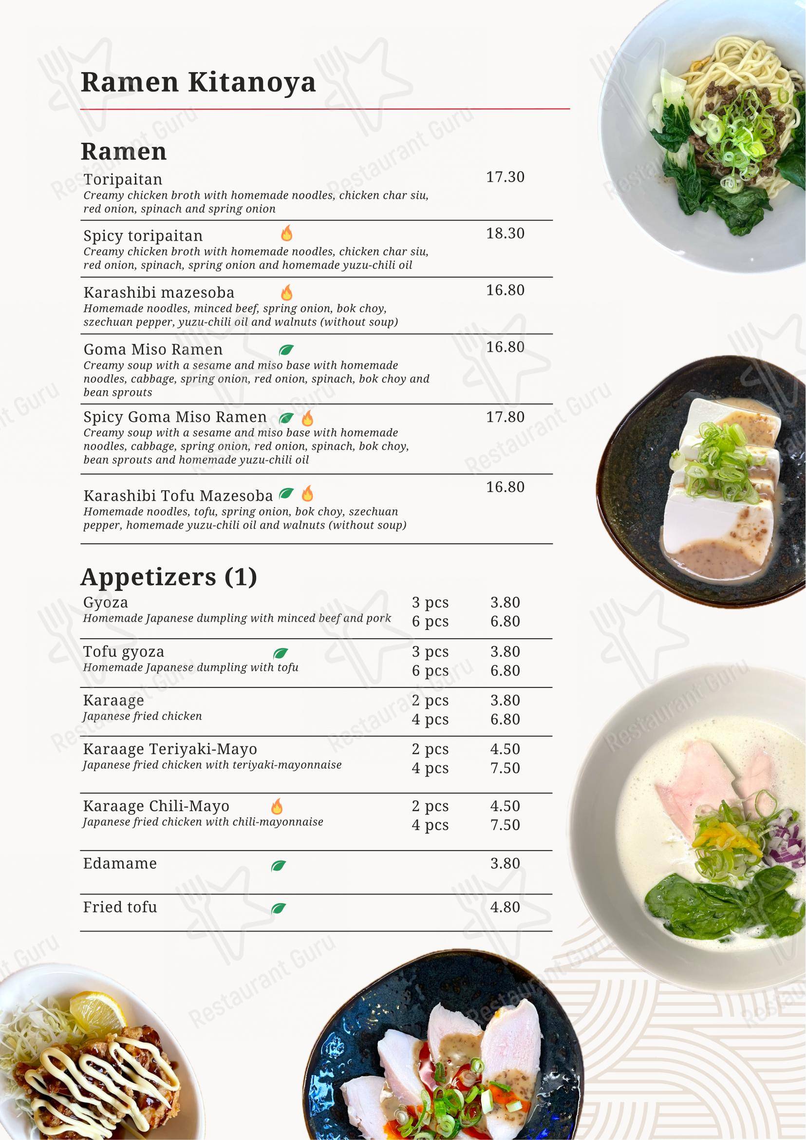 Menu at Ramen Kitanoya, The Hague