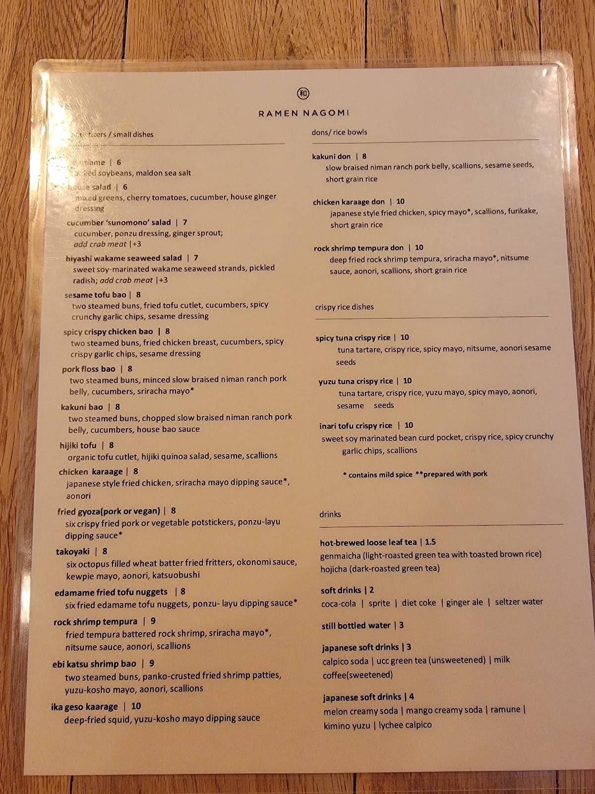 Menu at Ramen Nagomi restaurant, New Brunswick