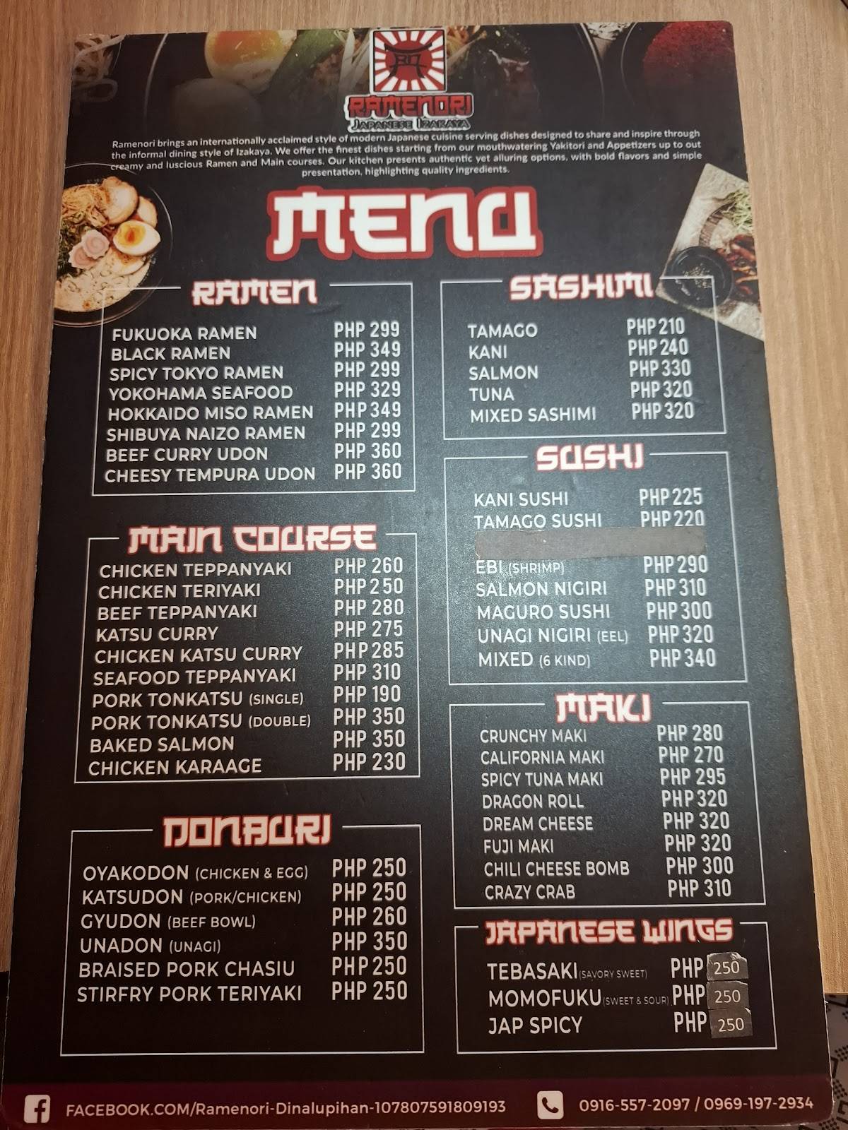 Menu at Ramenori99 Japanese Izakaya restaurant, City of Balanga