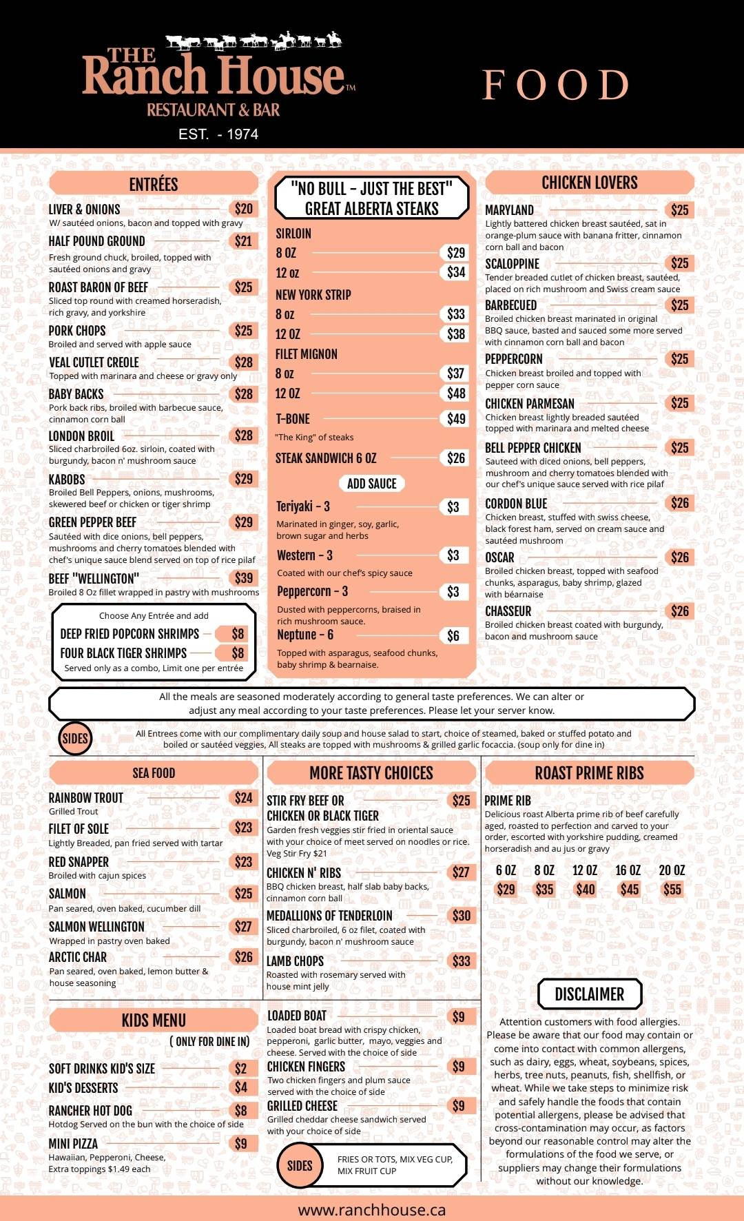 Menu at Ranch House Restaurant & Bar, Red Deer, 50 Ave