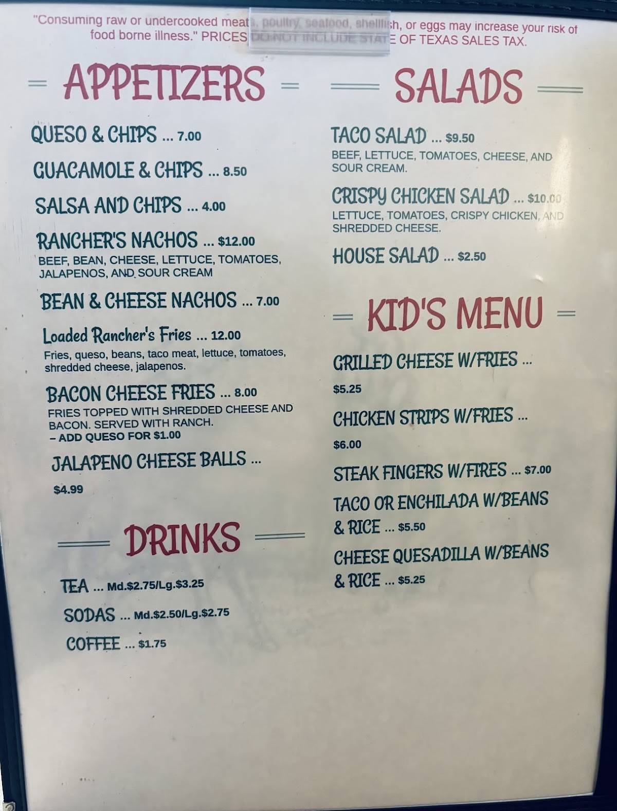 Menu at Ranchers Restaurant, Aspermont