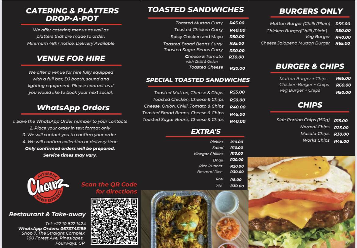 Menu at Chowz Authentic Durban Experience restaurant, Randburg