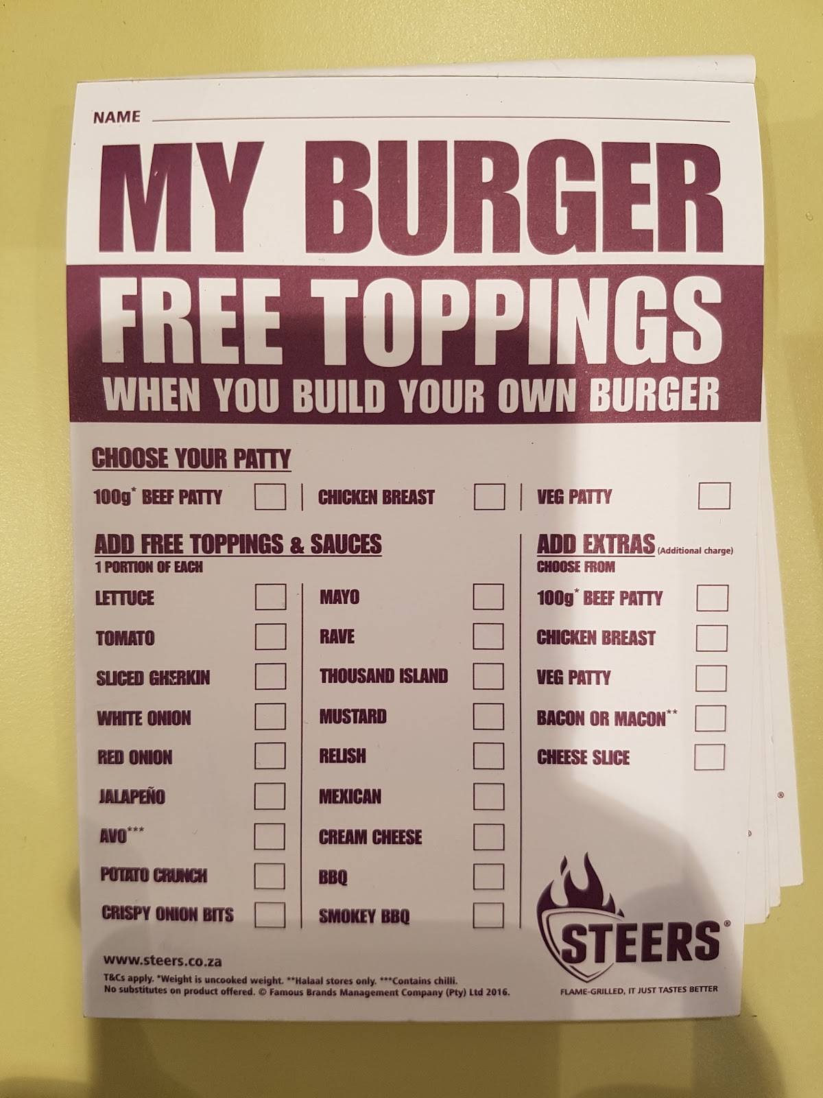 Menu at Steers restaurant, Sandton, 270 Rivonia Rd