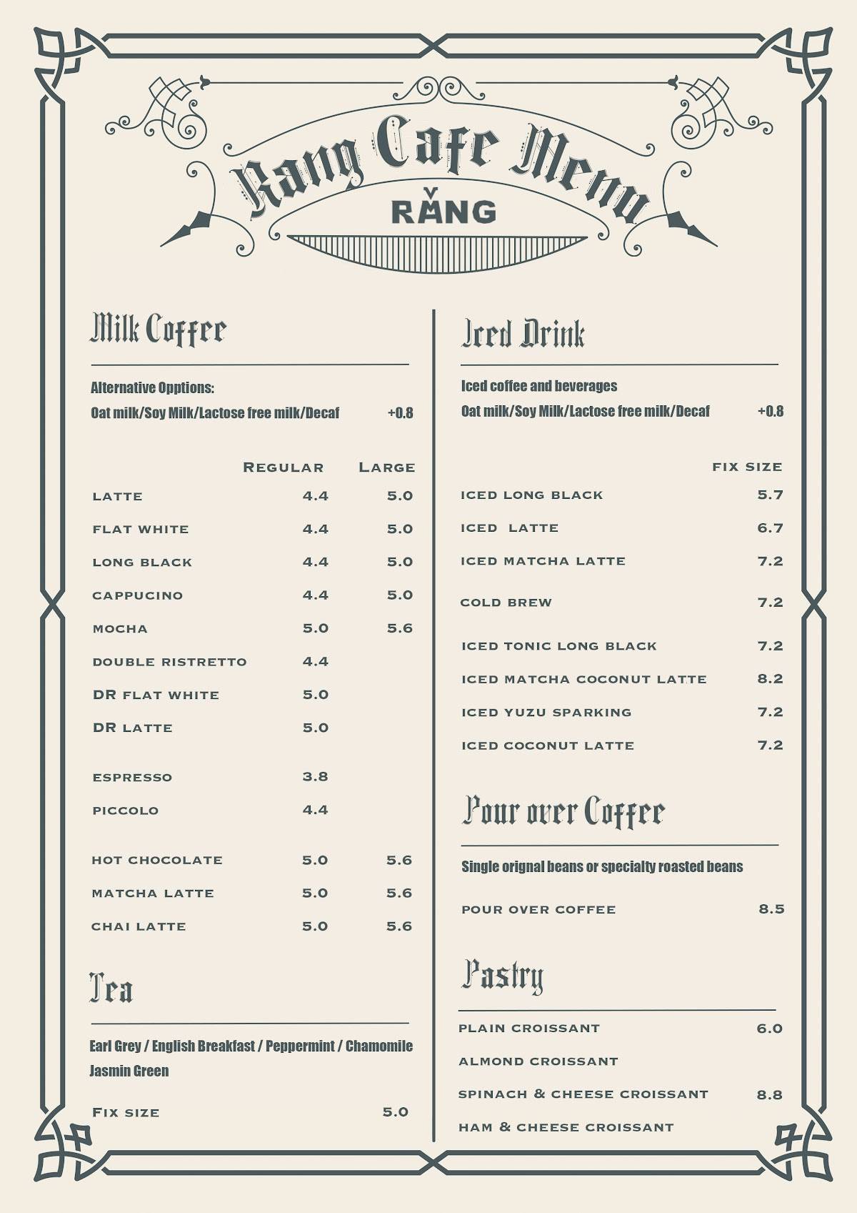Menu at Rang Cafe, Sydney