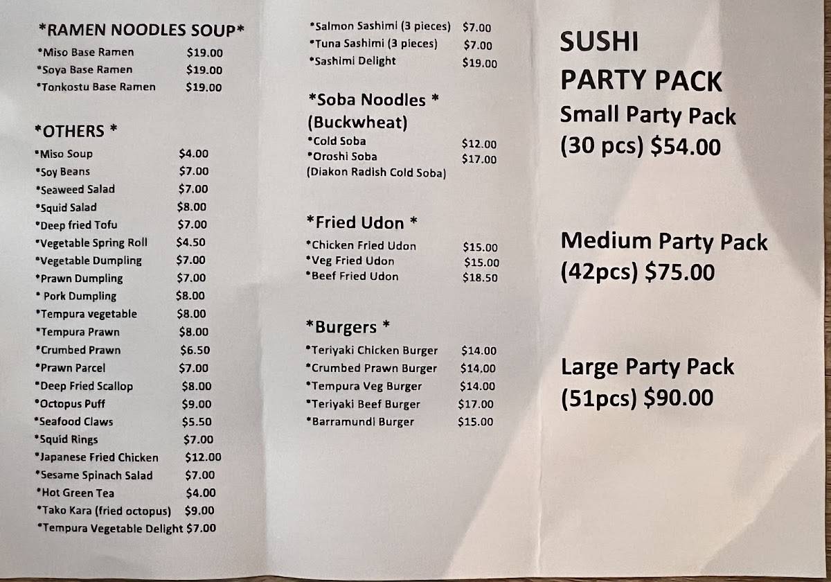 Carta de Rapid Cafe japanese Cuisine, Millner