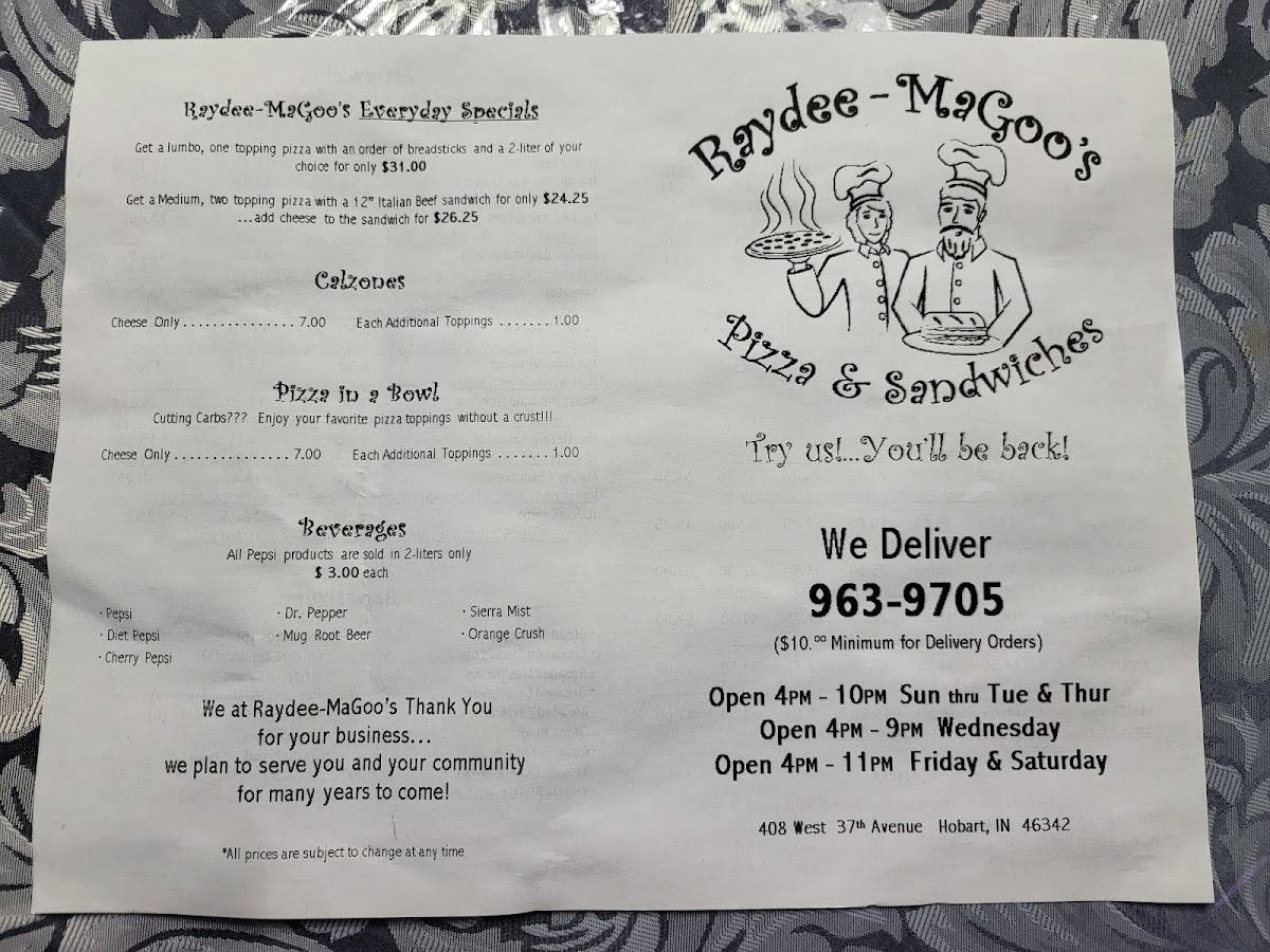 Menu at Raydee Magoo's pizzeria, Hobart