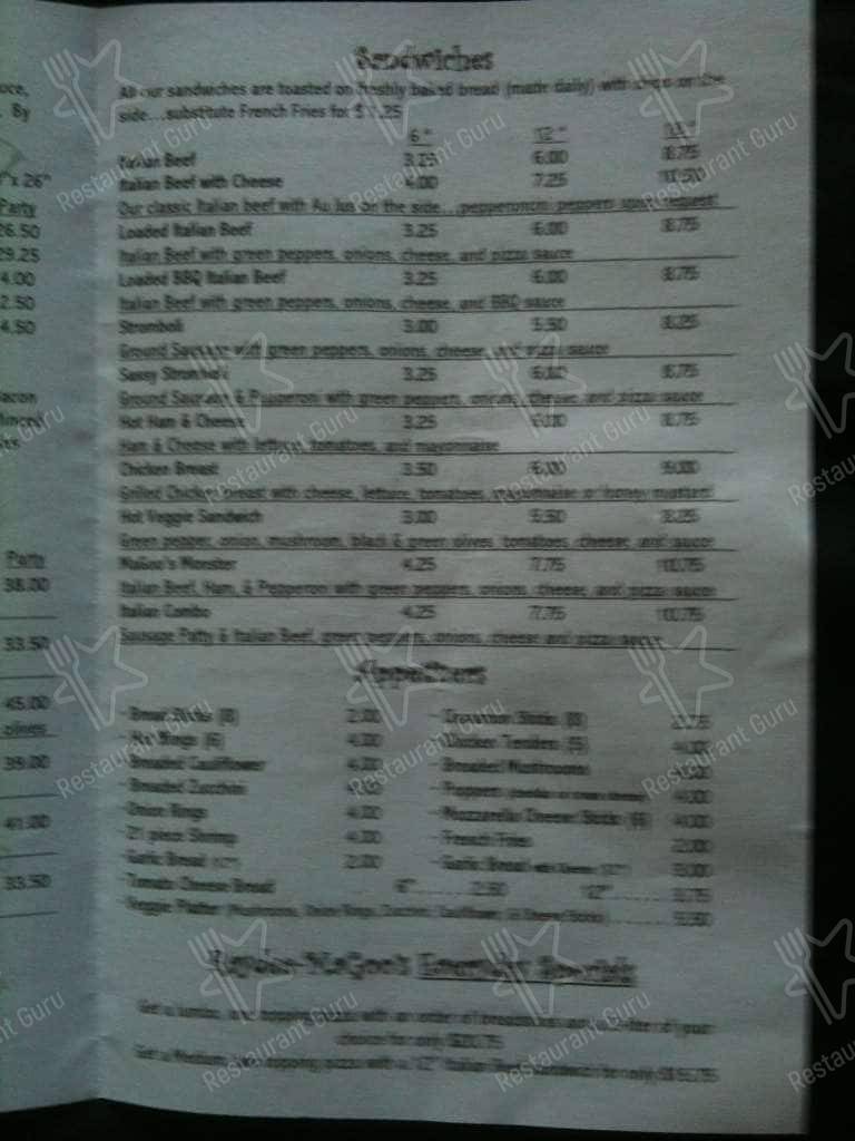 Menu at Raydee Magoo's pizzeria, Hobart