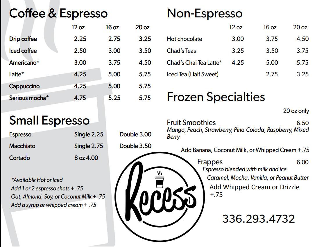 Menu at Recess cafe, Winston-Salem