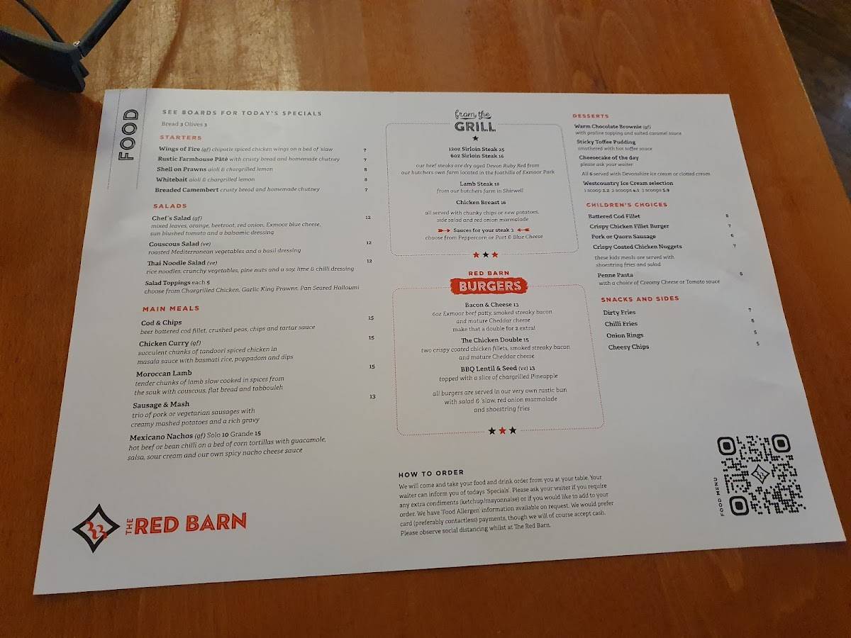 Menu at The Red Barn, Woolacombe