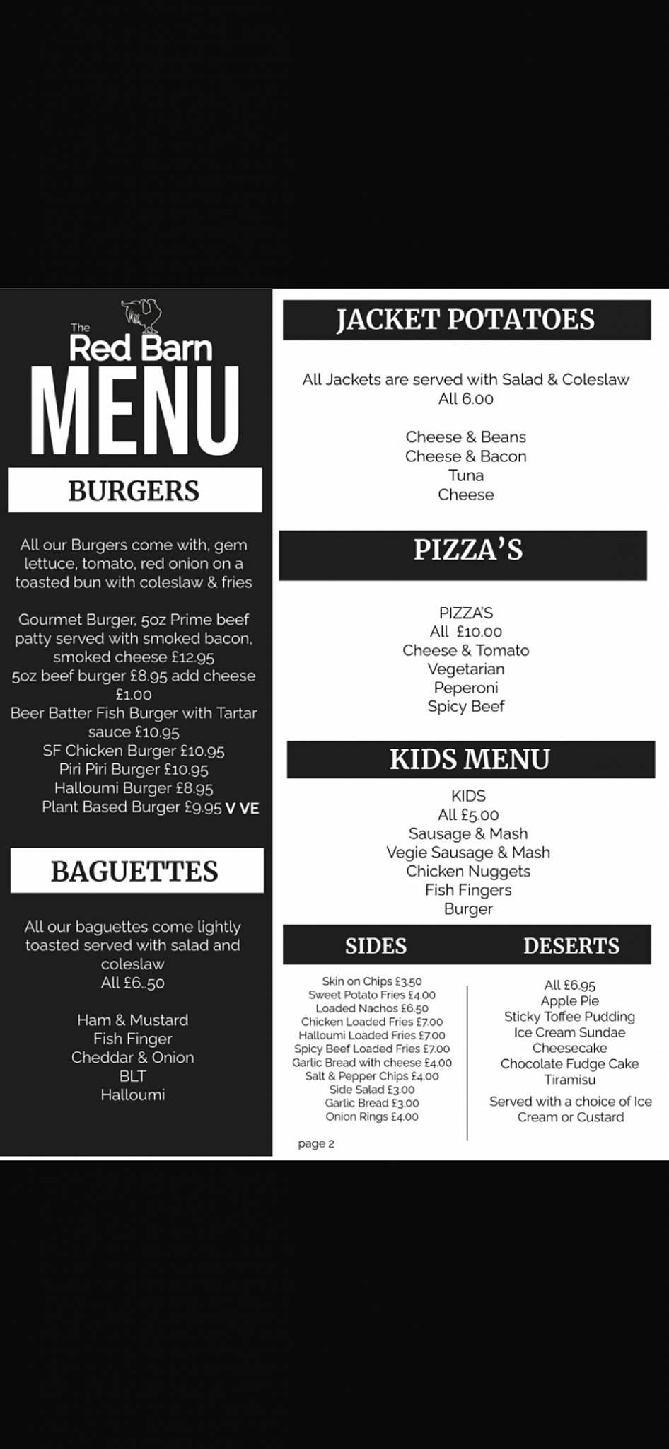 Menu at Red Barn, Shrewsbury